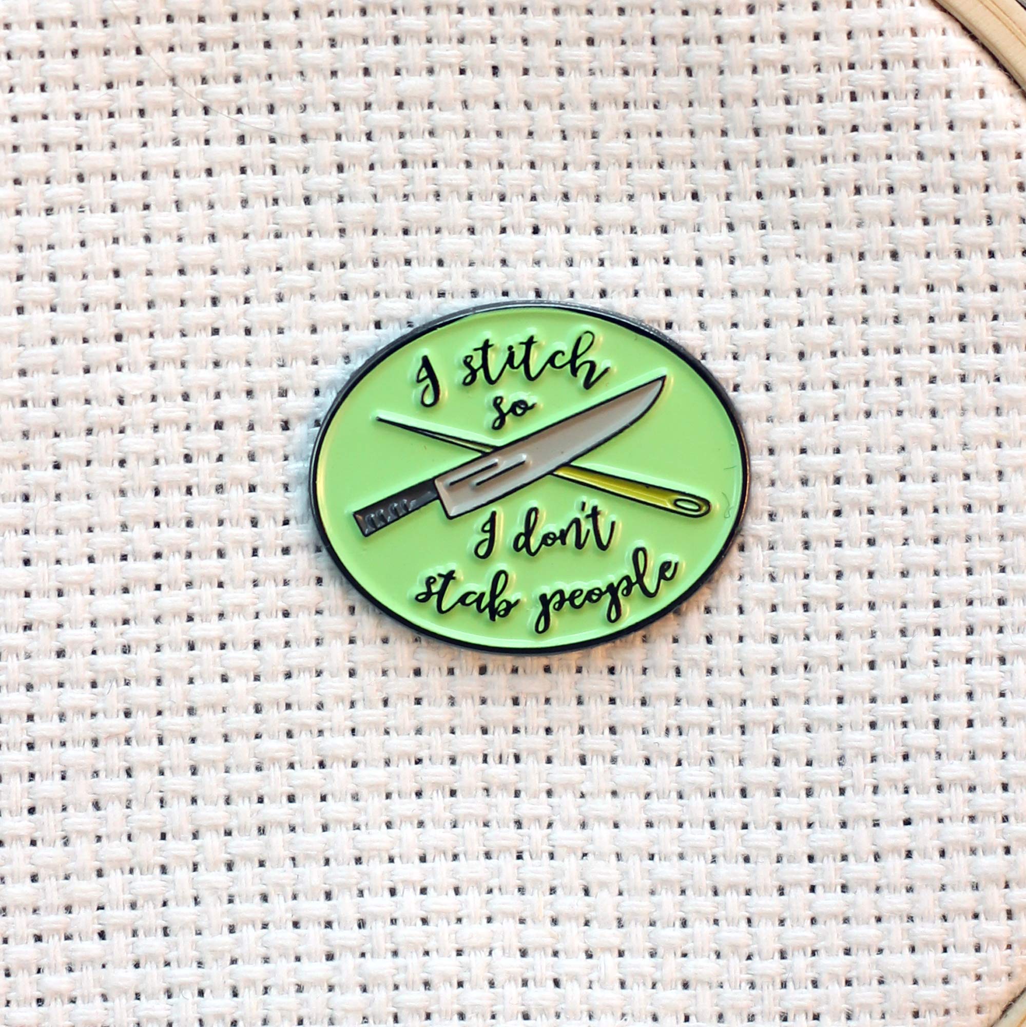 I Stitch So I Don't Stab People Enamel Needle Minder: Knife & Needle