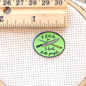 I Stitch So I Don't Stab People Enamel Needle Minder: Knife & Needle