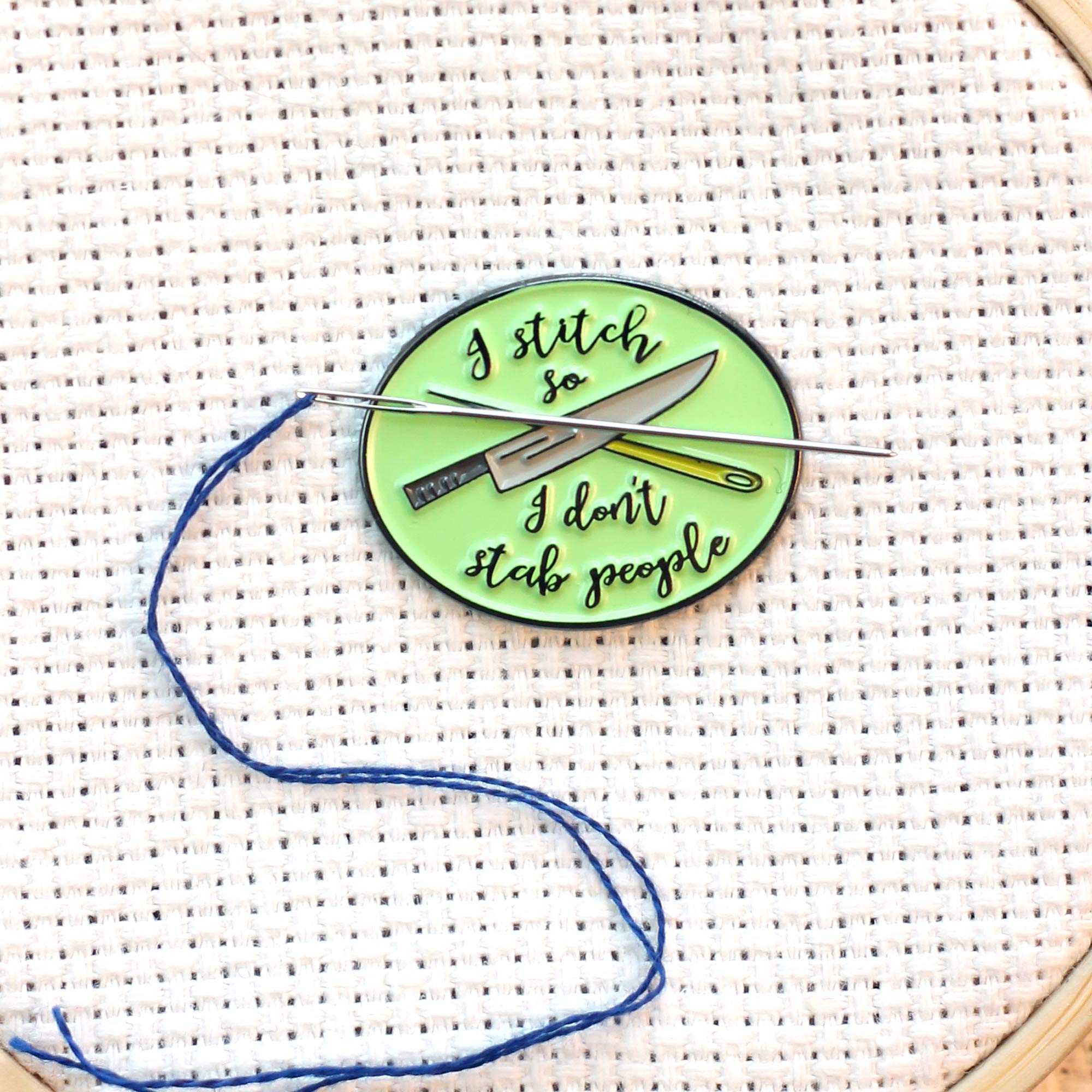 I Stitch So I Don't Stab People Enamel Needle Minder: Knife & Needle