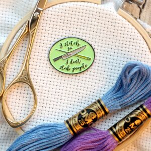 I Stitch So I Don't Stab People Enamel Needle Minder: Knife & Needle