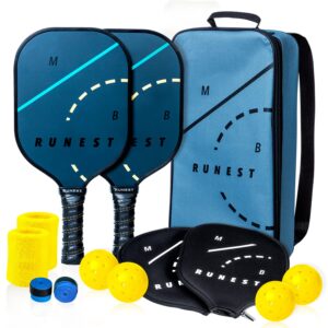 mb runest pickleball paddles set with bag and covers - lightweight rackets with composite honeycomb core, premium graphite face, covers, extra grips & 4 usapa approved outdoor balls