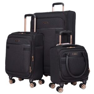 kensie women's hudson softside 3-piece spinner luggage set, black with rose gold, (16/20/28)