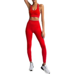 hotexy women's workout outfit 2 pieces seamless yoga leggings with sports bra gym clothes set, a lucky red, small