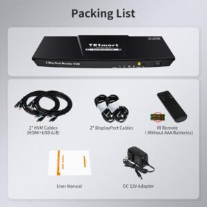 TESmart DisplayPort + HDMI KVM Switch 2 Monitors 2 Computers 4K@60Hz, Dual Monitor KVM Switch 2 Port Extended Display, EDID Emulators, USB 2.0, L/R Audio, Hotkey Switch, Button Switch with All Cables