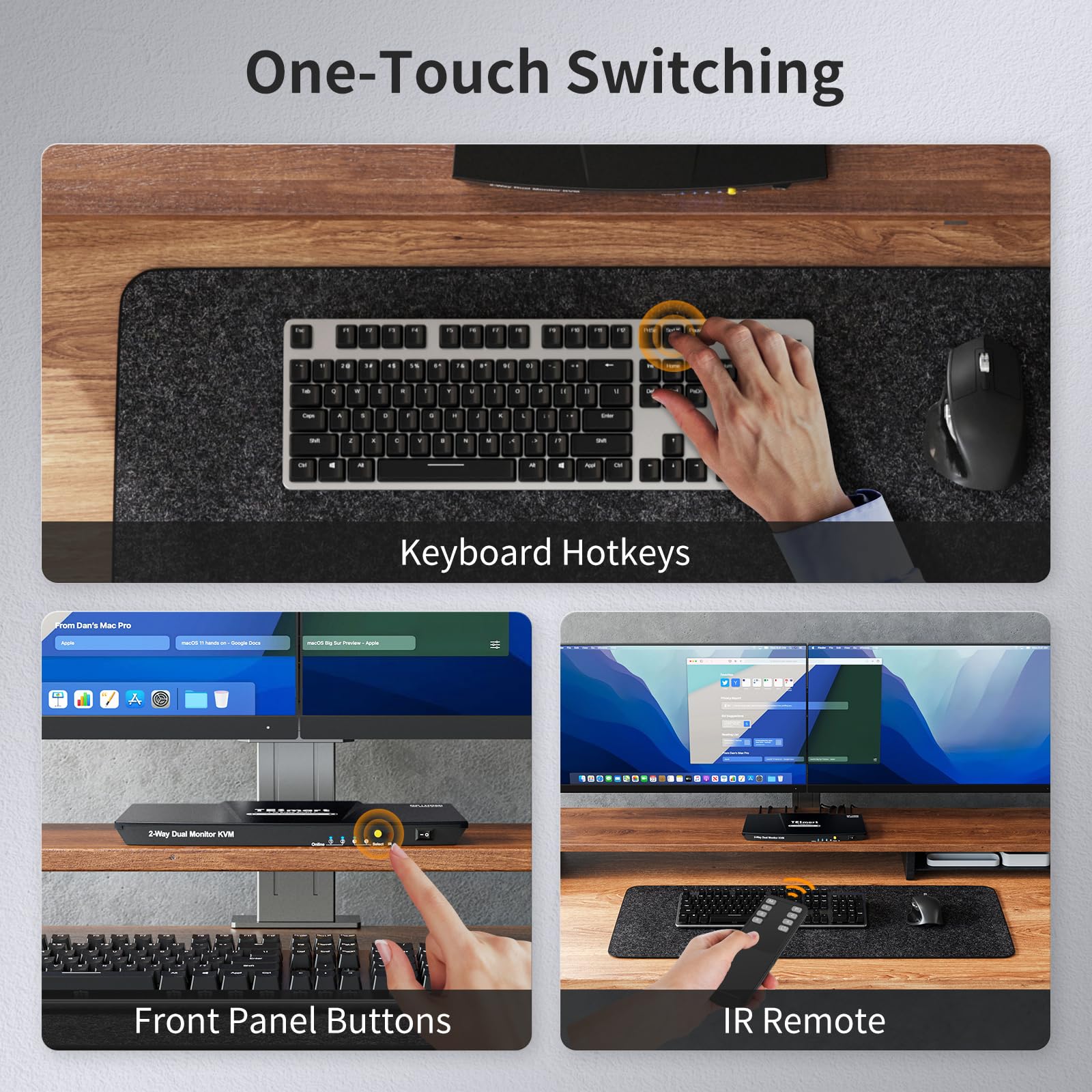 TESmart DisplayPort + HDMI KVM Switch 2 Monitors 2 Computers 4K@60Hz, Dual Monitor KVM Switch 2 Port Extended Display, EDID Emulators, USB 2.0, L/R Audio, Hotkey Switch, Button Switch with All Cables