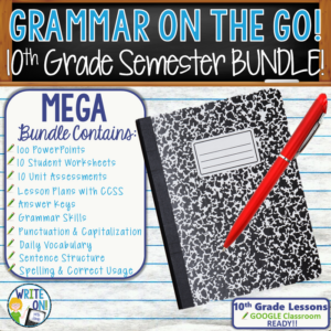 10th grade grammar & vocabulary bell ringer semester bundle - daily edits for usage, mechanics, spelling, proofreading - 100 powerpoints, student worksheets, unit assessments, & google classroom links