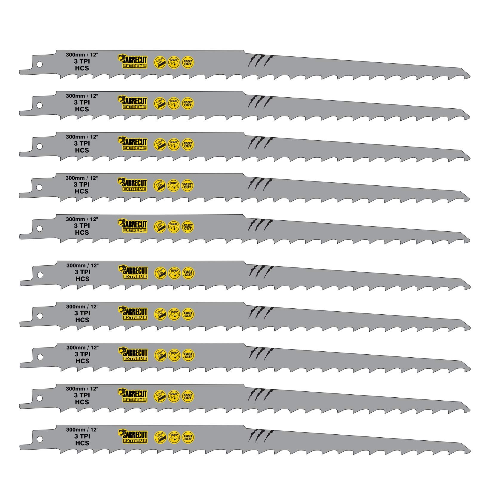 10 x SabreCut SCRS1617K_10 12" (300mm) 3 TPI S1617K Very Fast Wood Cutting Reciprocating Sabre Saw Blades Compatible with Bosch Dewalt Makita and Many Others