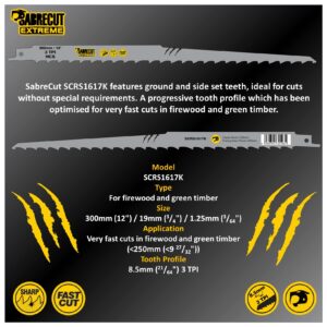 10 x SabreCut SCRS1617K_10 12" (300mm) 3 TPI S1617K Very Fast Wood Cutting Reciprocating Sabre Saw Blades Compatible with Bosch Dewalt Makita and Many Others