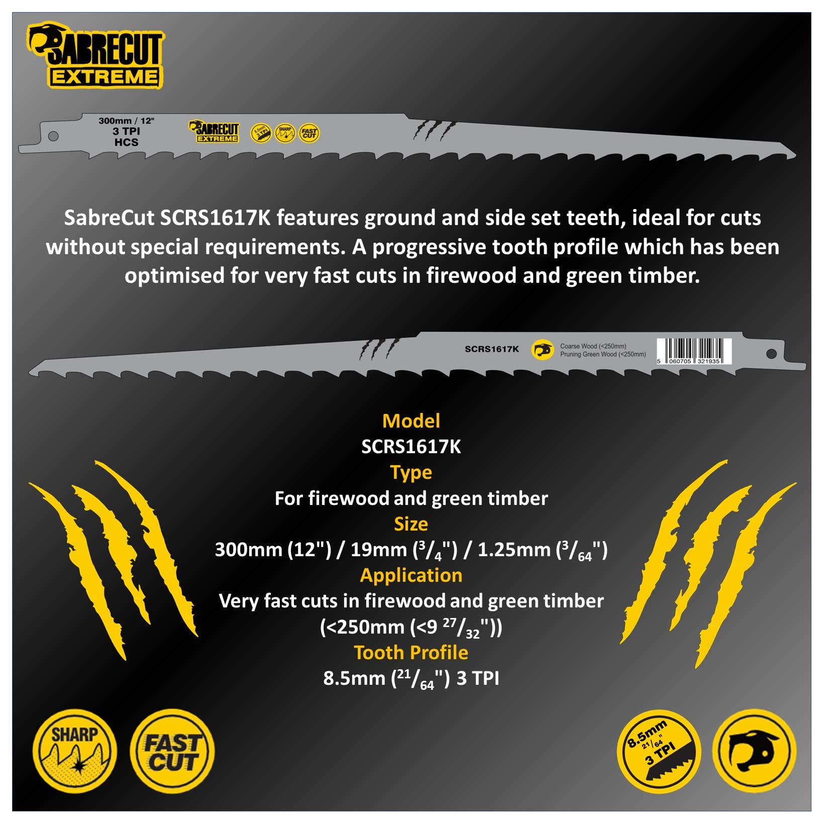 10 x SabreCut SCRS1617K_10 12" (300mm) 3 TPI S1617K Very Fast Wood Cutting Reciprocating Sabre Saw Blades Compatible with Bosch Dewalt Makita and Many Others