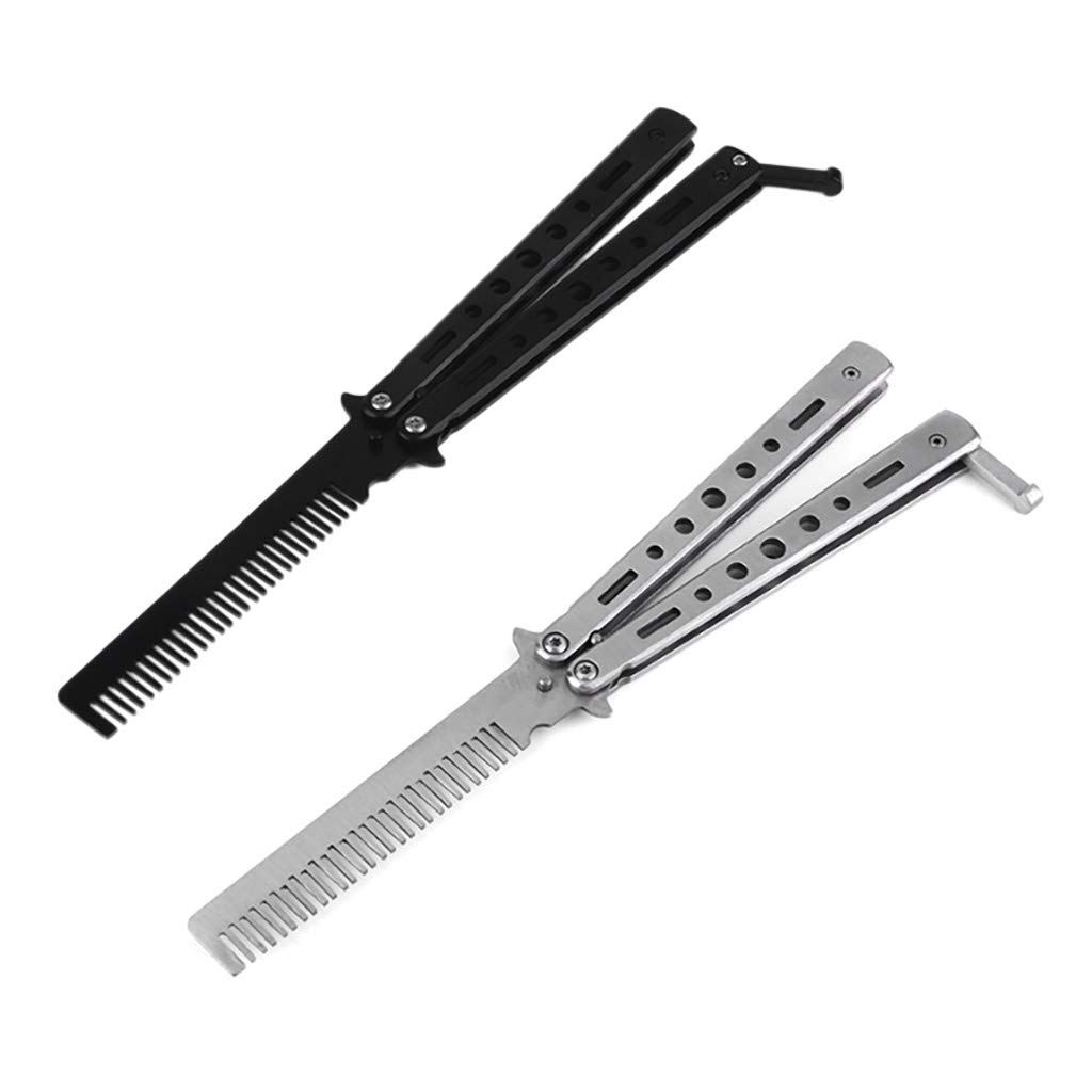 ZERIRA 2 Pcs Outdoor Camping Practice Comb Butterfly Comb Knife Novel Stainless Steel Butterfly Comb Modeling Tool