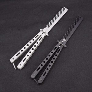 ZERIRA 2 Pcs Outdoor Camping Practice Comb Butterfly Comb Knife Novel Stainless Steel Butterfly Comb Modeling Tool