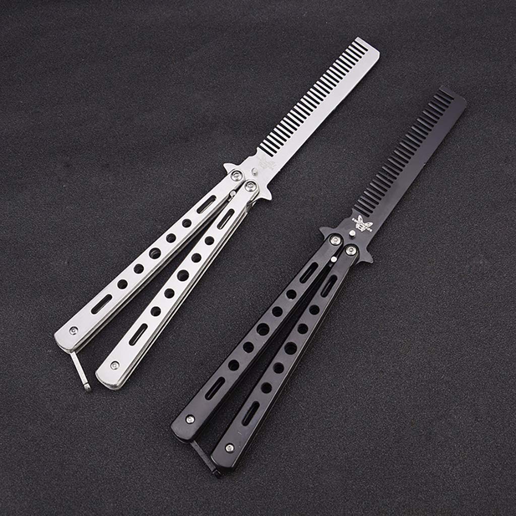 ZERIRA 2 Pcs Outdoor Camping Practice Comb Butterfly Comb Knife Novel Stainless Steel Butterfly Comb Modeling Tool