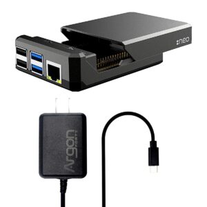 argon neo case with usb type-c power supply for raspberry pi 4 | supports cooling fan, camera, and lcd display | gpio and poe pins are accessible