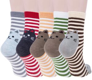 cute womens dog cat novelty animal socks for girl cartoon cotton casual crew funny socks 5 pairs, cat style 3