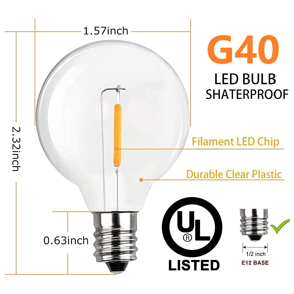 Abeja G40 LED Replacement Bulbs, 1W Shatterproof Globe Bulb fits E12 Candelabra Screw Base, LED Globe Bulbs Light for Outdoor String Lights, 1.5 Inch Dimmable Light Bulb, Warm White, 25 Pack