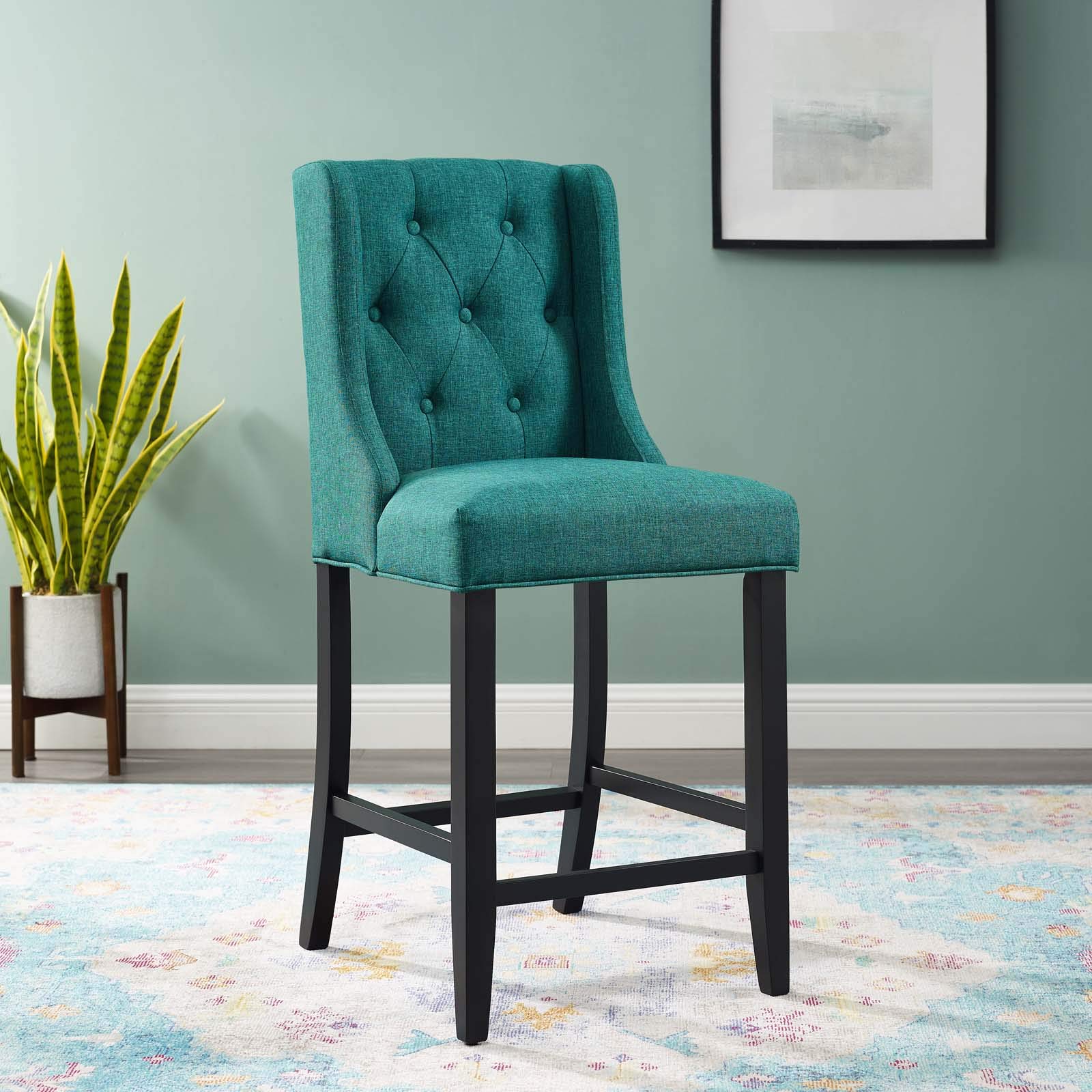 Modway Baronet Tufted Button Upholstered Fabric Counter Stool, Teal