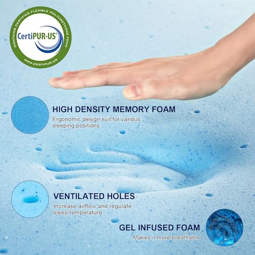 Nelaukoko 3 Inch Gel Infused Memory Foam Mattress Topper Queen– Queen Size Mattress Pad – Ventilated and Breathable – CertiPUR Certified