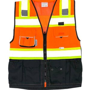 REXZUS (C Vest Mens Class 2 Black Series Safety Vest With Zipper and Utility Pockets Premium Black Series Surveyors Vest (Medium, Orange/Black)