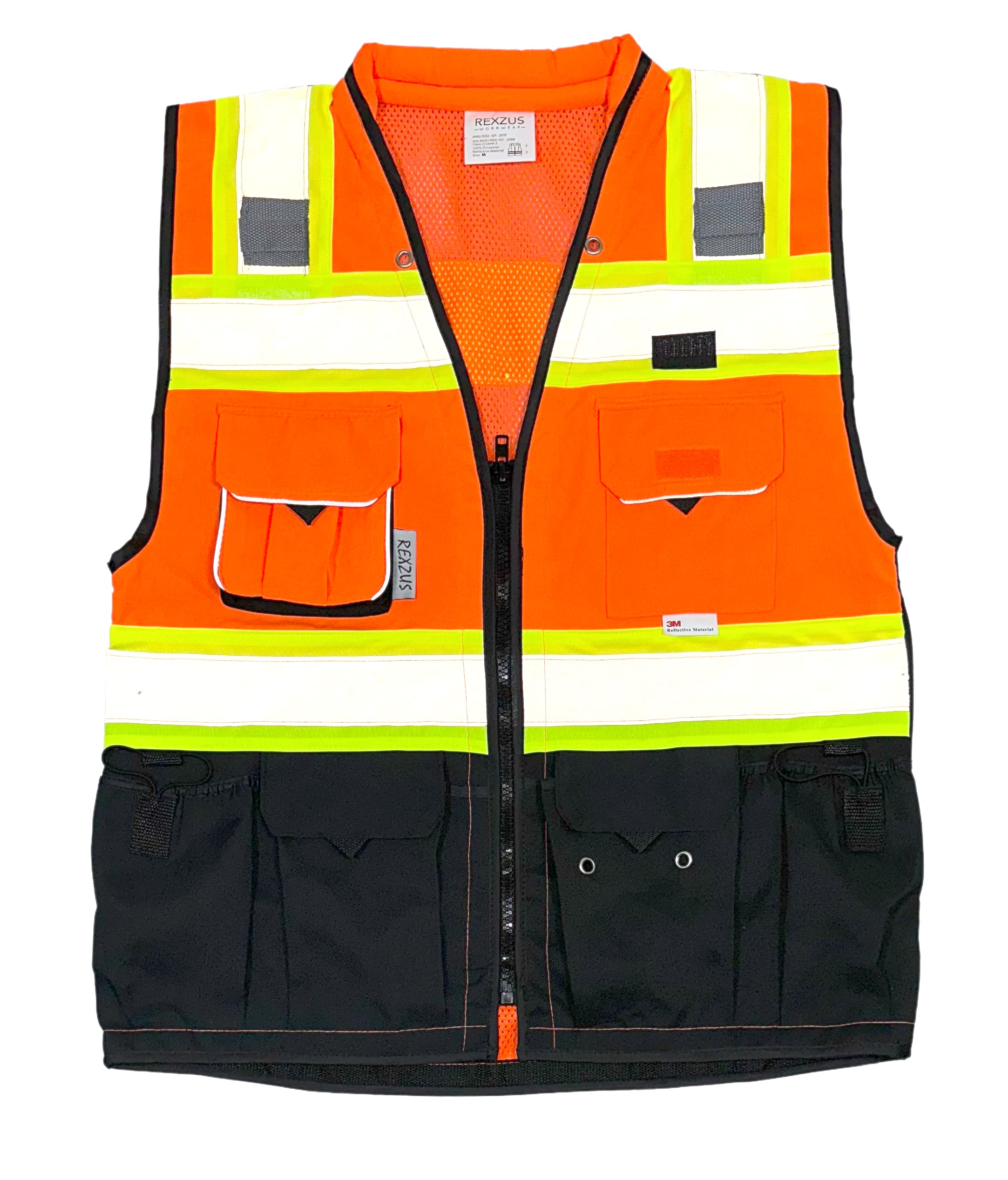 REXZUS (C Vest Mens Class 2 Black Series Safety Vest With Zipper and Utility Pockets Premium Black Series Surveyors Vest (Medium, Orange/Black)