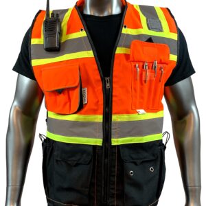 REXZUS (C Vest Mens Class 2 Black Series Safety Vest With Zipper and Utility Pockets Premium Black Series Surveyors Vest (Medium, Orange/Black)