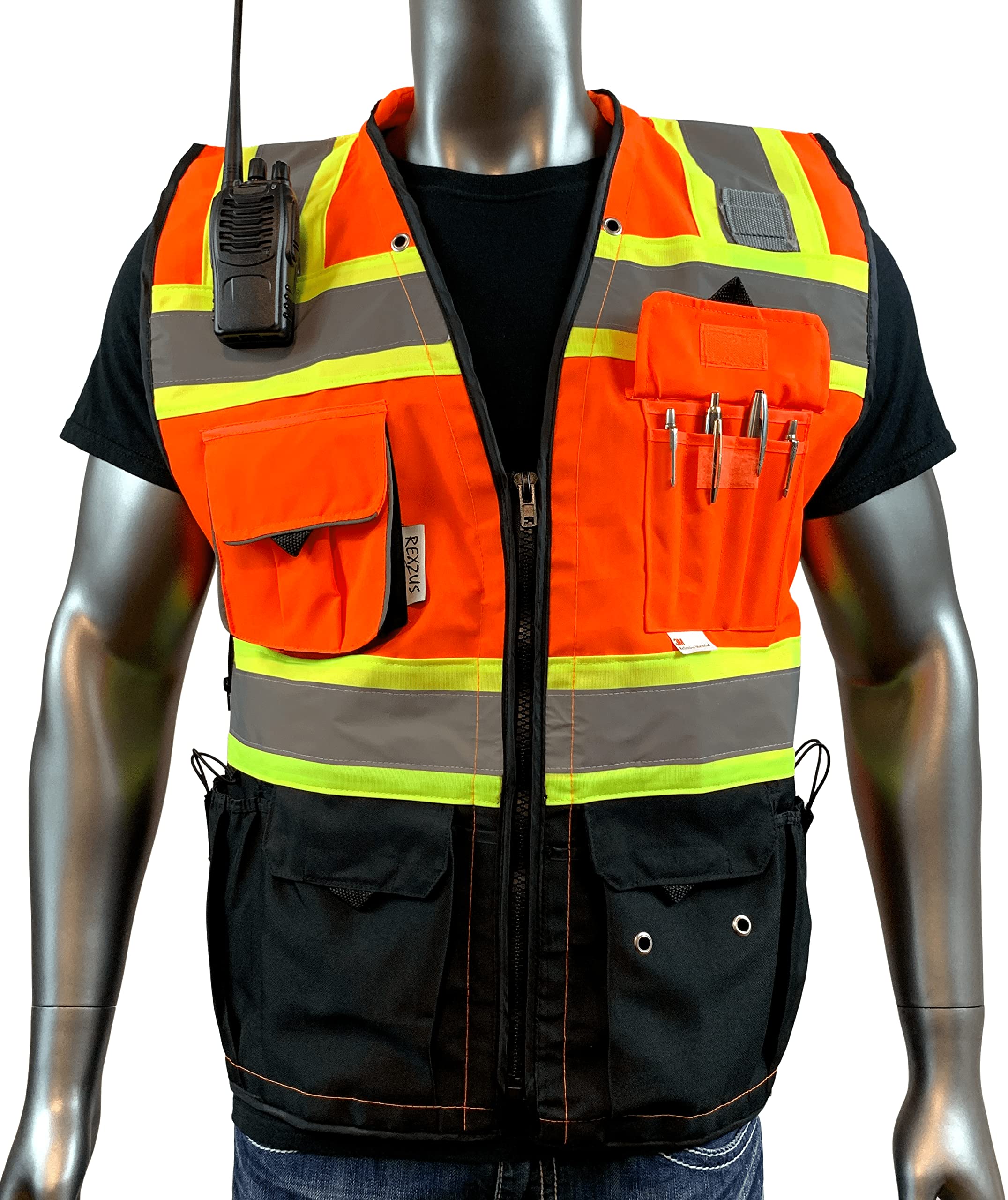 REXZUS (C Vest Mens Class 2 Black Series Safety Vest With Zipper and Utility Pockets Premium Black Series Surveyors Vest (Medium, Orange/Black)