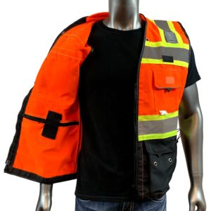 REXZUS (C Vest Mens Class 2 Black Series Safety Vest With Zipper and Utility Pockets Premium Black Series Surveyors Vest (Medium, Orange/Black)