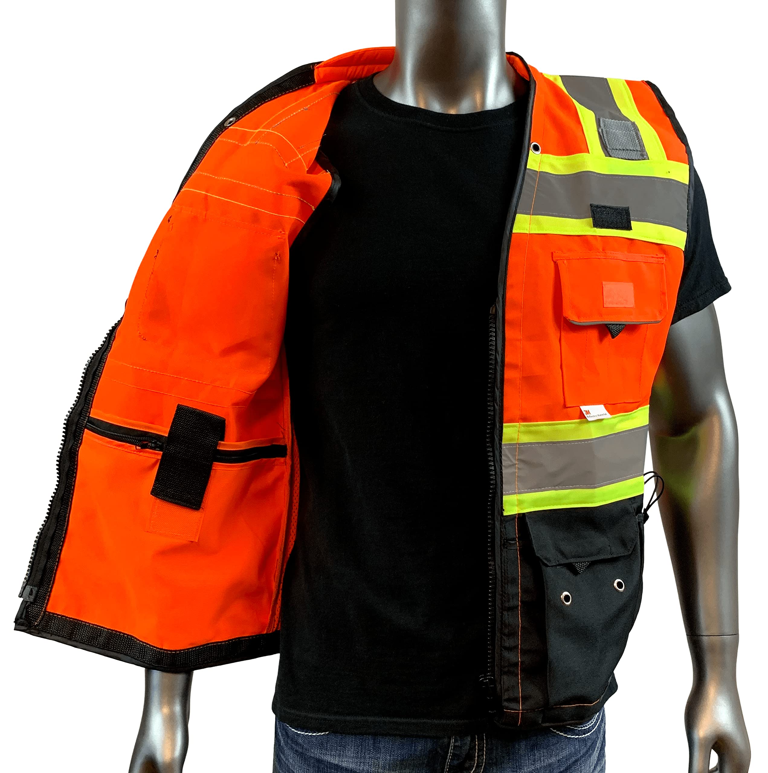 REXZUS (C Vest Mens Class 2 Black Series Safety Vest With Zipper and Utility Pockets Premium Black Series Surveyors Vest (Medium, Orange/Black)