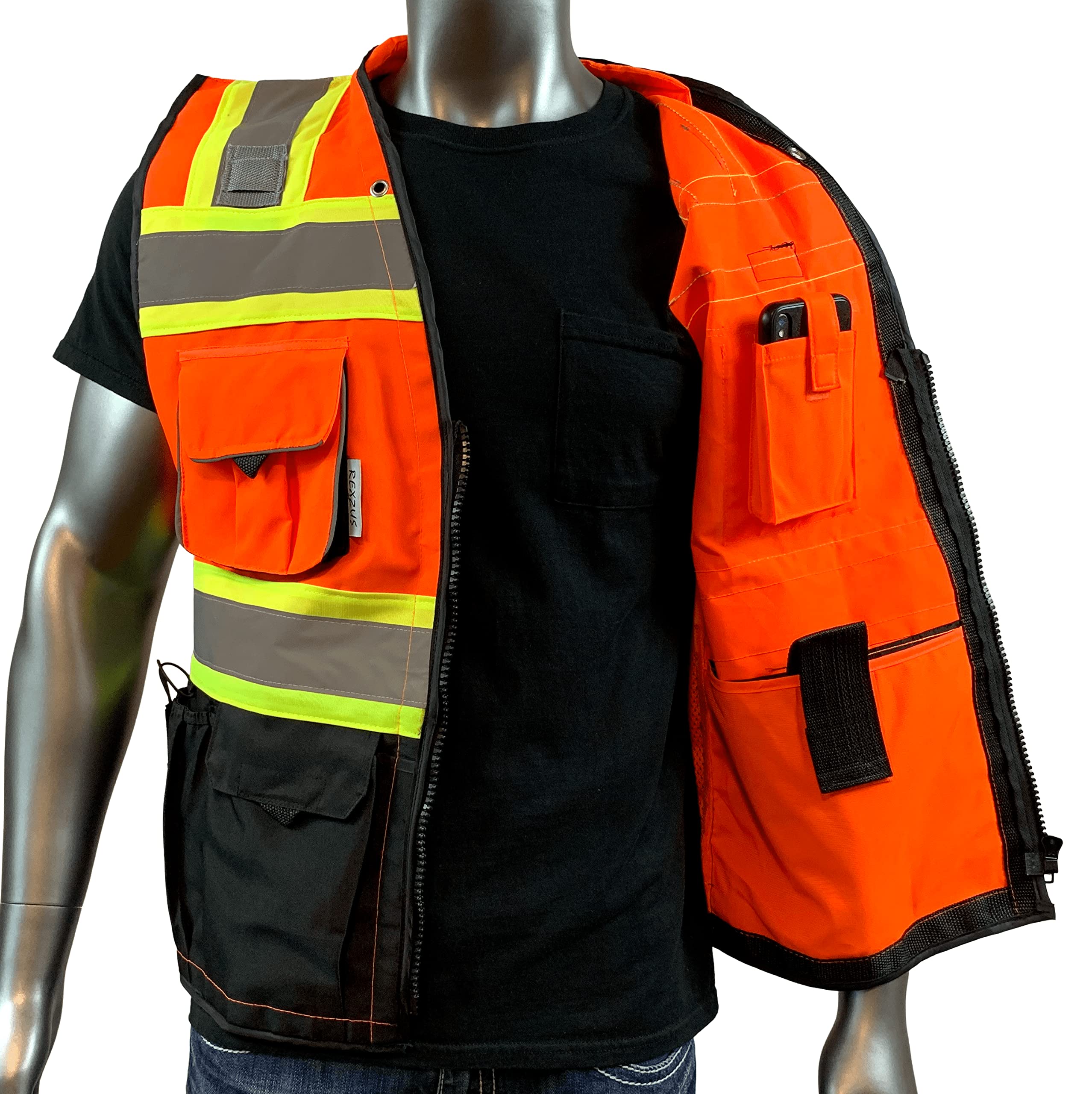 REXZUS (C Vest Mens Class 2 Black Series Safety Vest With Zipper and Utility Pockets Premium Black Series Surveyors Vest (Medium, Orange/Black)