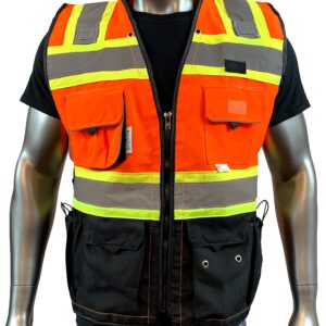 REXZUS (C Vest Mens Class 2 Black Series Safety Vest With Zipper and Utility Pockets Premium Black Series Surveyors Vest (Medium, Orange/Black)