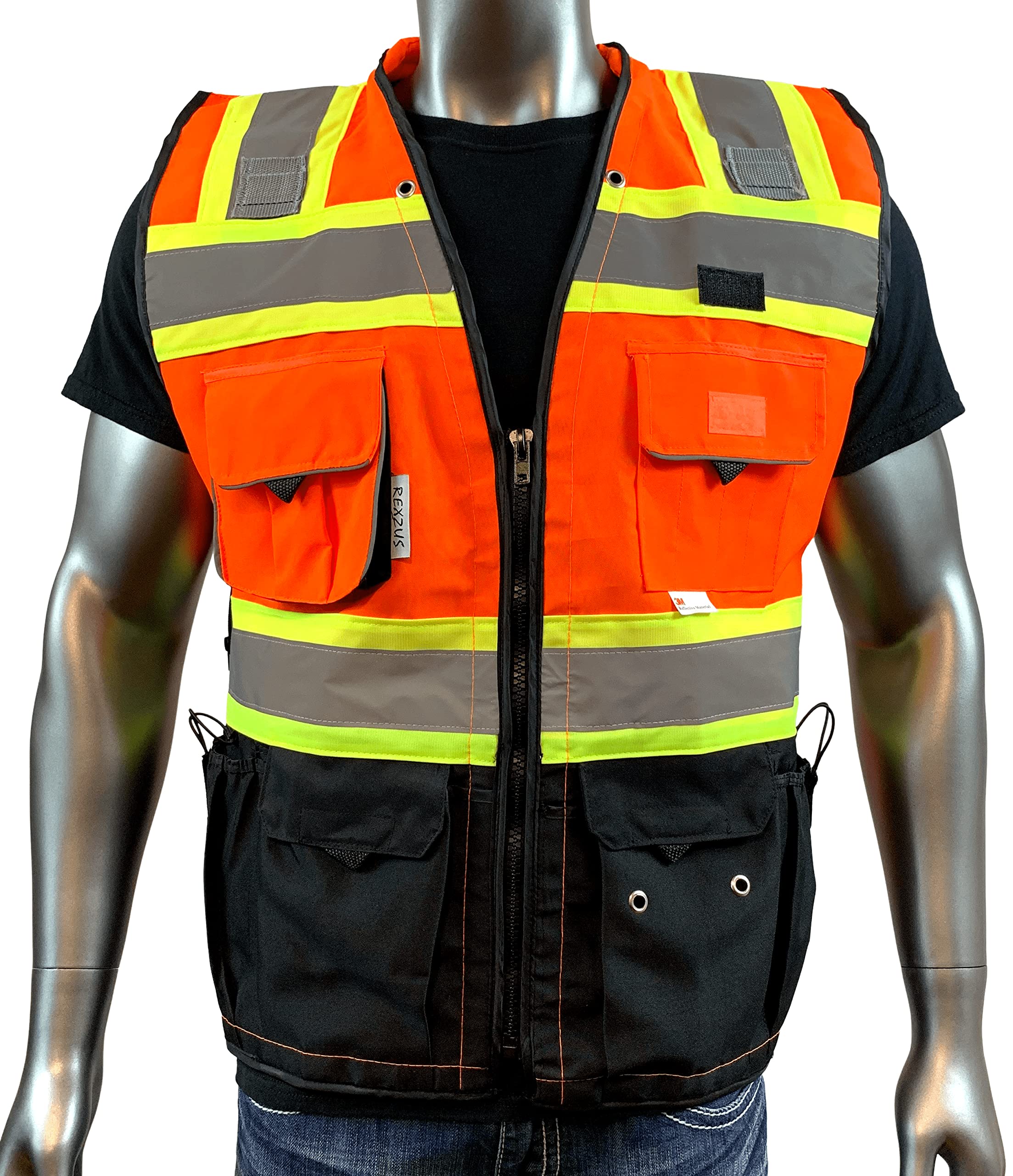 REXZUS (C Vest Mens Class 2 Black Series Safety Vest With Zipper and Utility Pockets Premium Black Series Surveyors Vest (Medium, Orange/Black)