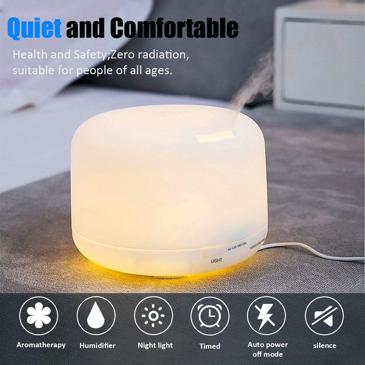 Ultrasonic Cool Mist Humidifier,Portable Small Humidifiers for Bedroom Home Office Travel Kids Baby Room,Aroma Essential Oil Diffuser 7 Color Night Light with High Low Mist Output,Timer,Auto Shut Off