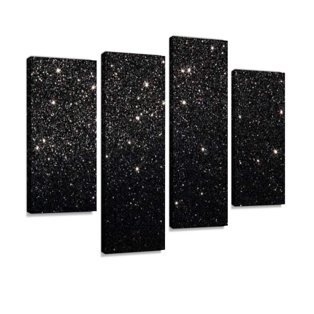 4 Panel Canvas Pictures stars on black background gold and silvers and pictures Wall Art Prints Paintings Stretched Framed Poster Home Living Room Decoration Ready to Hang