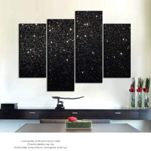 4 Panel Canvas Pictures stars on black background gold and silvers and pictures Wall Art Prints Paintings Stretched Framed Poster Home Living Room Decoration Ready to Hang