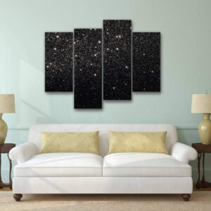 4 Panel Canvas Pictures stars on black background gold and silvers and pictures Wall Art Prints Paintings Stretched Framed Poster Home Living Room Decoration Ready to Hang