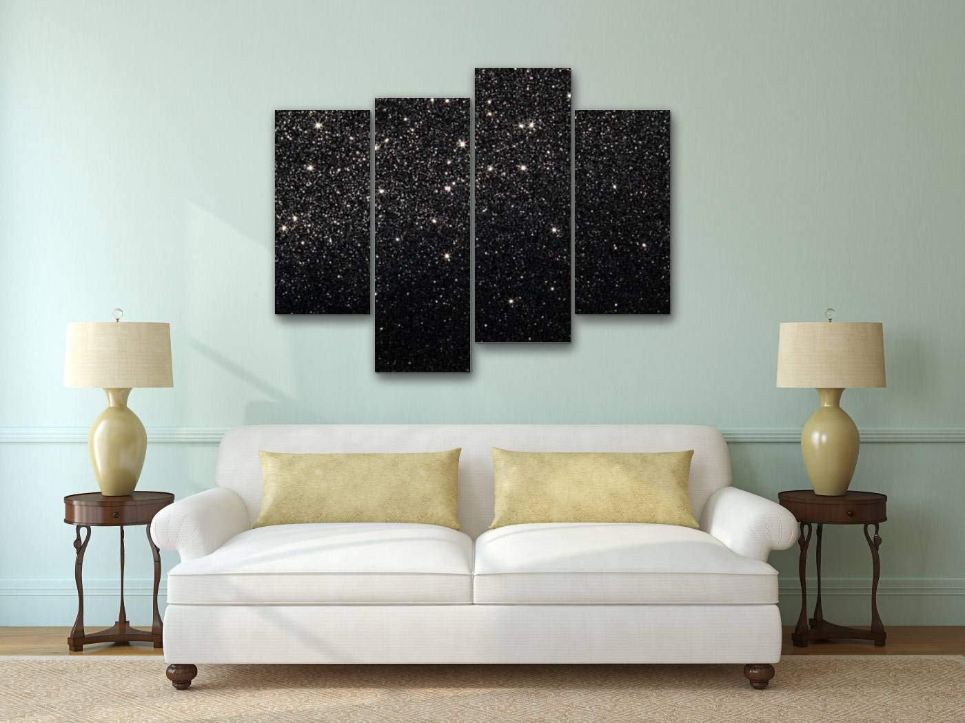 4 Panel Canvas Pictures stars on black background gold and silvers and pictures Wall Art Prints Paintings Stretched Framed Poster Home Living Room Decoration Ready to Hang