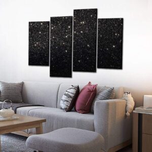 4 Panel Canvas Pictures stars on black background gold and silvers and pictures Wall Art Prints Paintings Stretched Framed Poster Home Living Room Decoration Ready to Hang