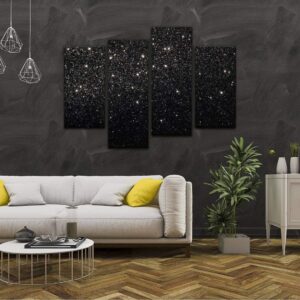 4 Panel Canvas Pictures stars on black background gold and silvers and pictures Wall Art Prints Paintings Stretched Framed Poster Home Living Room Decoration Ready to Hang