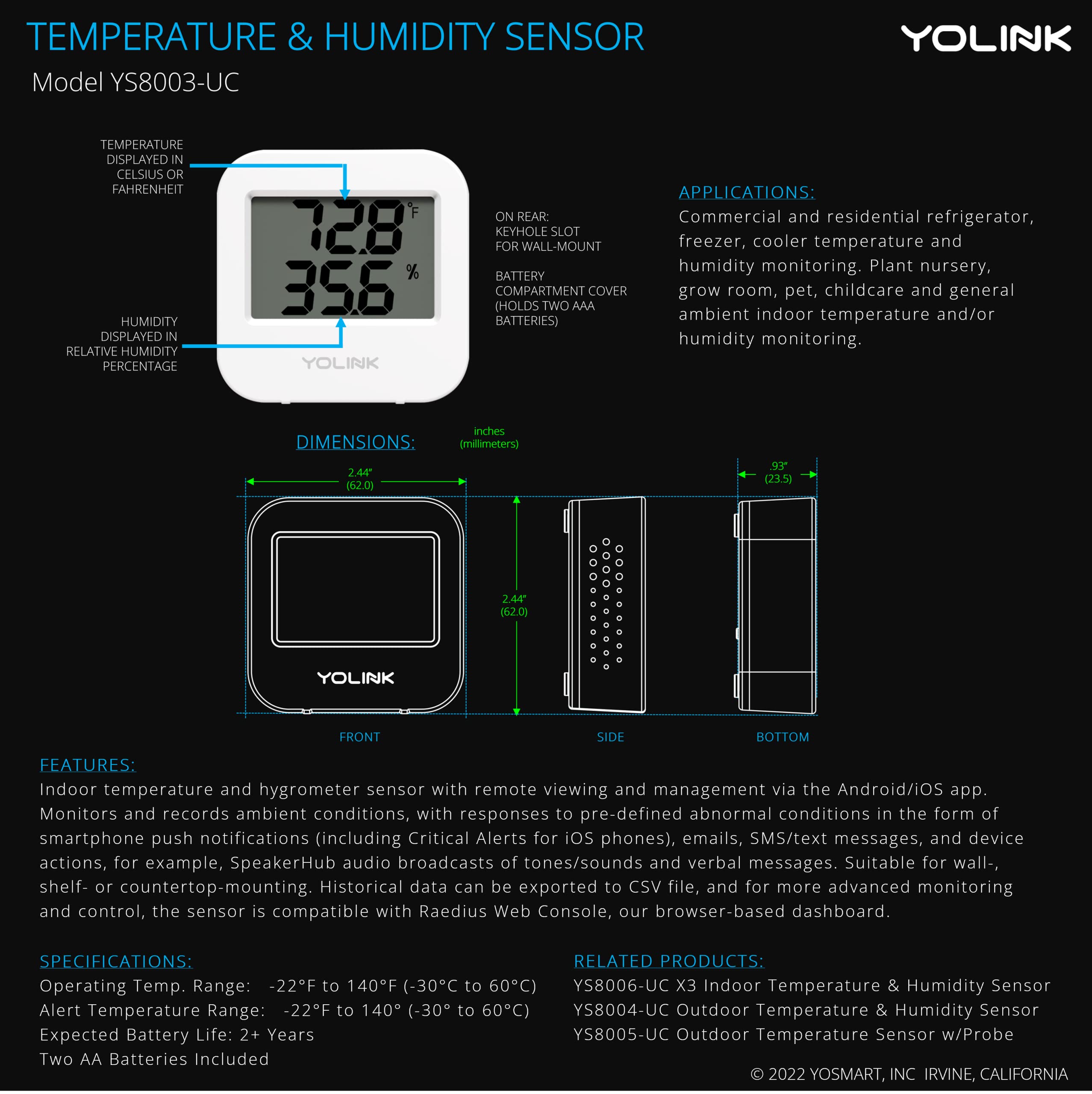 Smart Temperature Humidity Sensor Works w/Alexa IFTTT, 1/4 Mile Super Long Range Wireless Digital Hygrometer Indoor Thermometer Humidity Meter Temperature Humidity Monitor Sensor -YoLink Hub Required