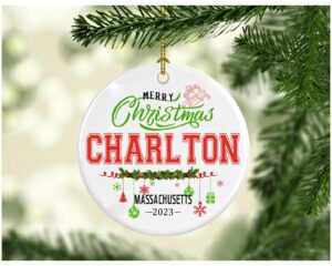 christmas decorations tree ornament 2023 gifts hometown city state - merry christmas charlton massachusetts gift for family rustic 1st xmas tree in our new home 3 inches white