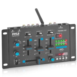 pyle wireless dj audio mixer - 3 channel bluetooth compatible dj controller sound mixer, mic-talkover, usb reader, dual rca phono/line in, microphone input, headphone jack - pyle pmx8bu,black