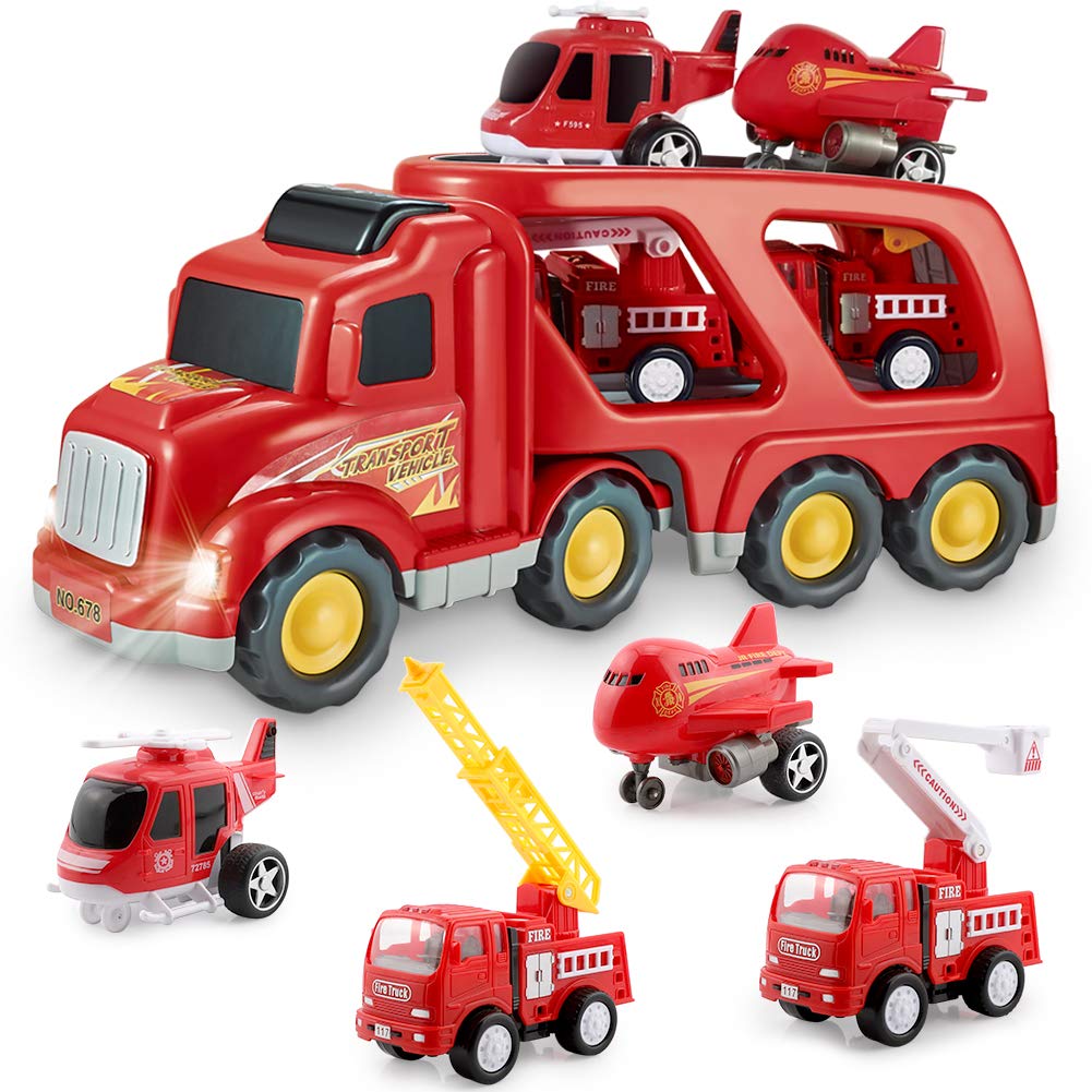 Fire Truck Car Toys Set, Friction Powered Car Carrier Trailer with Sound and Light, Play Vehicle Set for Kids Toddlers Boys Child Gift Age 3 4 5 6 7 Years Old, 2 Rescue Car, Helicopter, Plane