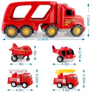 Fire Truck Car Toys Set, Friction Powered Car Carrier Trailer with Sound and Light, Play Vehicle Set for Kids Toddlers Boys Child Gift Age 3 4 5 6 7 Years Old, 2 Rescue Car, Helicopter, Plane