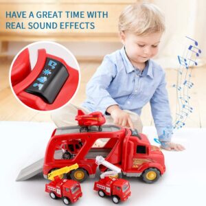 Fire Truck Car Toys Set, Friction Powered Car Carrier Trailer with Sound and Light, Play Vehicle Set for Kids Toddlers Boys Child Gift Age 3 4 5 6 7 Years Old, 2 Rescue Car, Helicopter, Plane