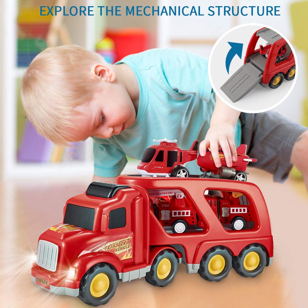 Fire Truck Car Toys Set, Friction Powered Car Carrier Trailer with Sound and Light, Play Vehicle Set for Kids Toddlers Boys Child Gift Age 3 4 5 6 7 Years Old, 2 Rescue Car, Helicopter, Plane