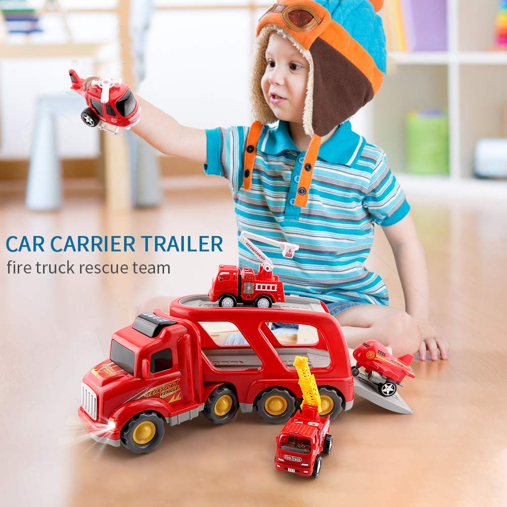 Fire Truck Car Toys Set, Friction Powered Car Carrier Trailer with Sound and Light, Play Vehicle Set for Kids Toddlers Boys Child Gift Age 3 4 5 6 7 Years Old, 2 Rescue Car, Helicopter, Plane