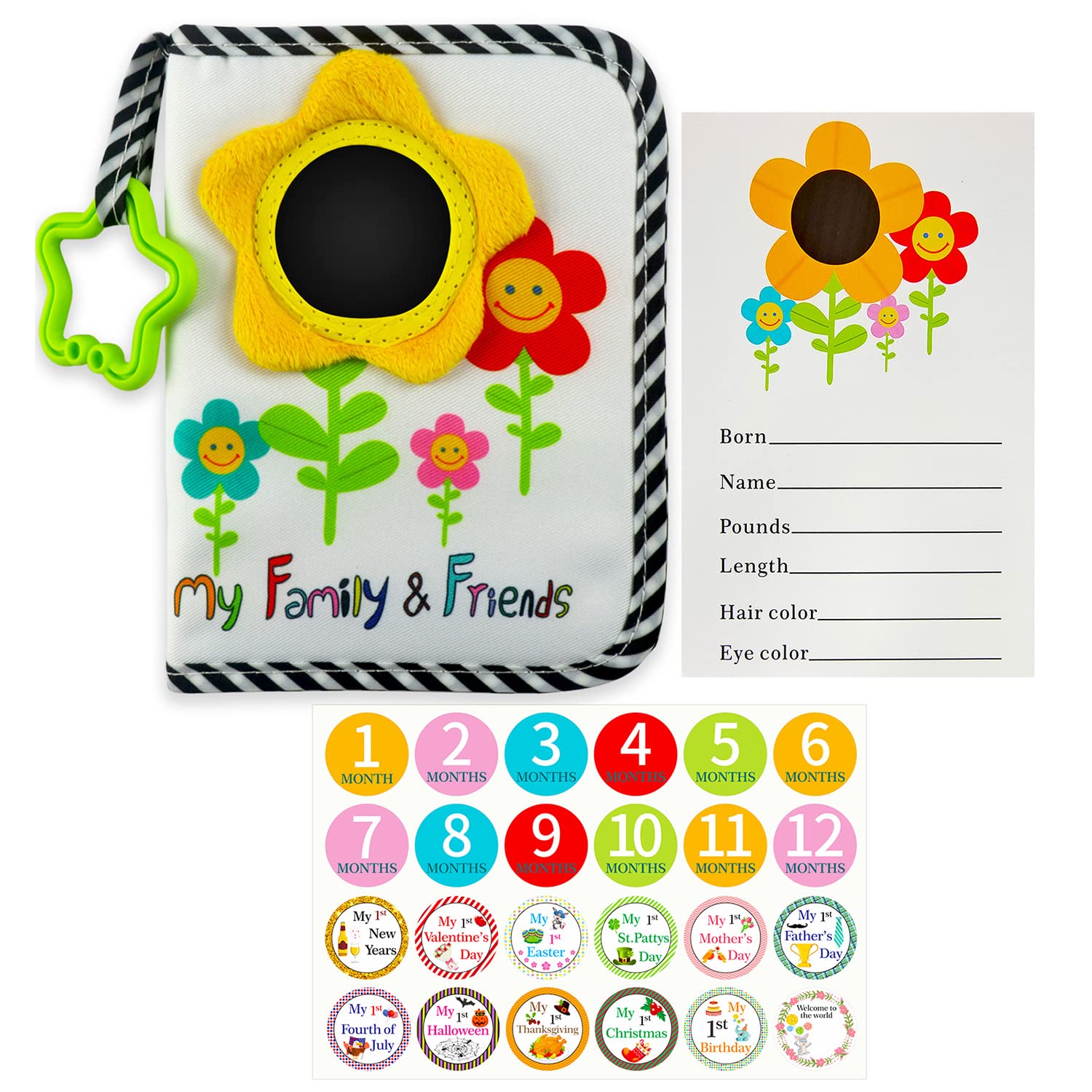 ABCKEY My Family And Friends Baby Photo Album With Sunflower Baby-safe mirror Holds 18 Photos