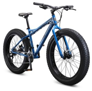 mongoose juneau men and womens fat tire mountain bike, 26x4-inch big fat wheels, 16-speed trigger shifters, adult aluminum mountain frame, blue