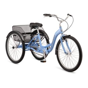 schwinn meridian adult tricycle bike, mens and womens three wheel beach cruiser, 26-inch wheels, low step-through frame, wide seat, rear folding basket, 1-speed, periwinkle