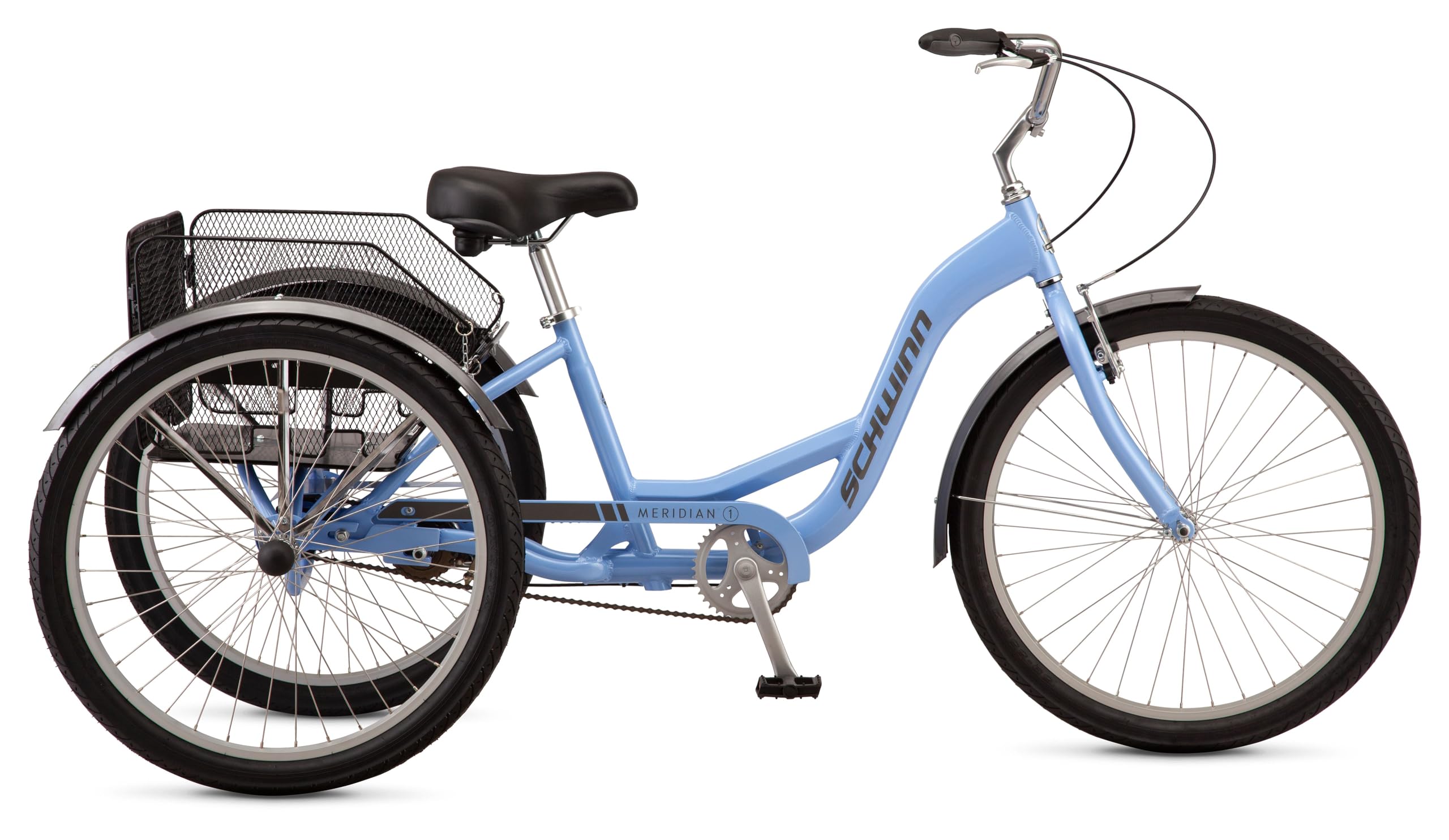 Schwinn Meridian Adult Tricycle Bike, Mens and Womens Three Wheel Beach Cruiser, 26-Inch Wheels, Low Step-Through Frame, Wide Seat, Rear Folding Basket, 1-Speed, Periwinkle