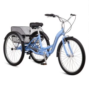 schwinn meridian adult tricycle bike, mens and womens three wheel beach cruiser, 26-inch wheels, low step-through frame, wide seat, rear folding basket, 7-speed, periwinkle